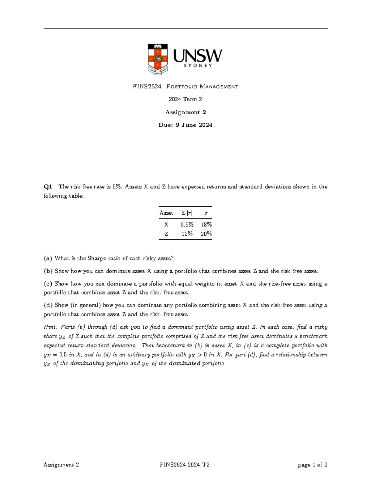 FINS2624 2024 T2 - Tut Qs - FINS2624: Portfolio Management 2024 Term 2 Assignment 2 Due: 9 June ...