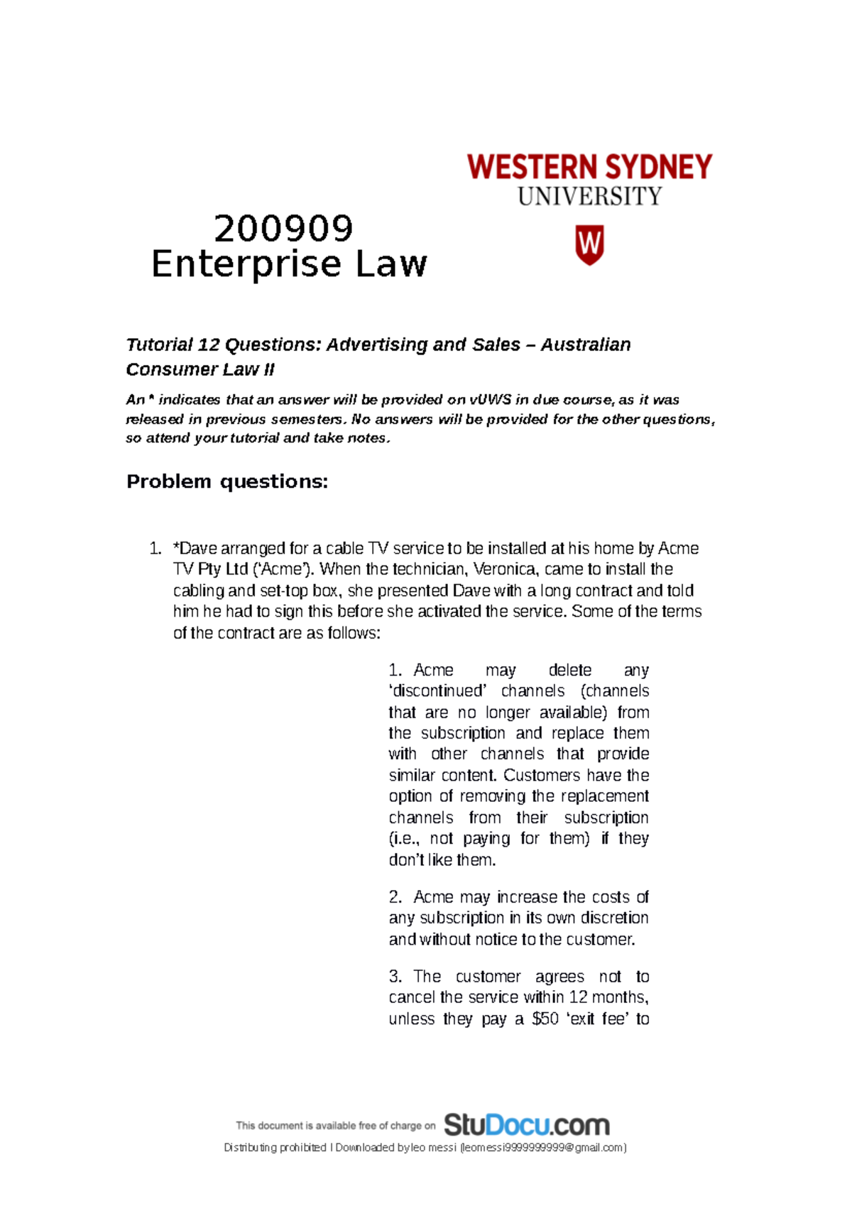 Tut 12 - NOTES - 200909 Enterprise Law Tutorial 12 Questions ...