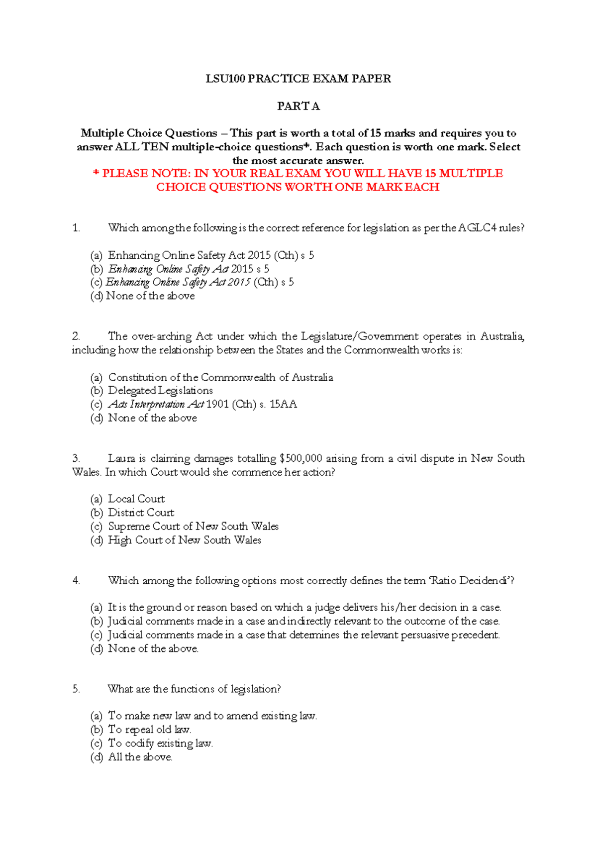LSU100 Practice EXAM Paper - LSU100 PRACTICE EXAM PAPER PART A Multiple ...