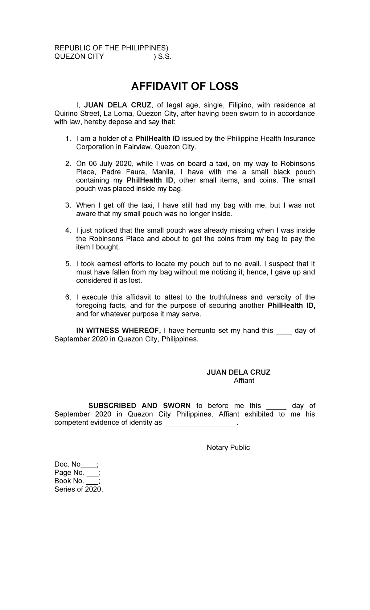 Sample Affidavit of Loss Phil Health ID - REPUBLIC OF THE PHILIPPINES ...