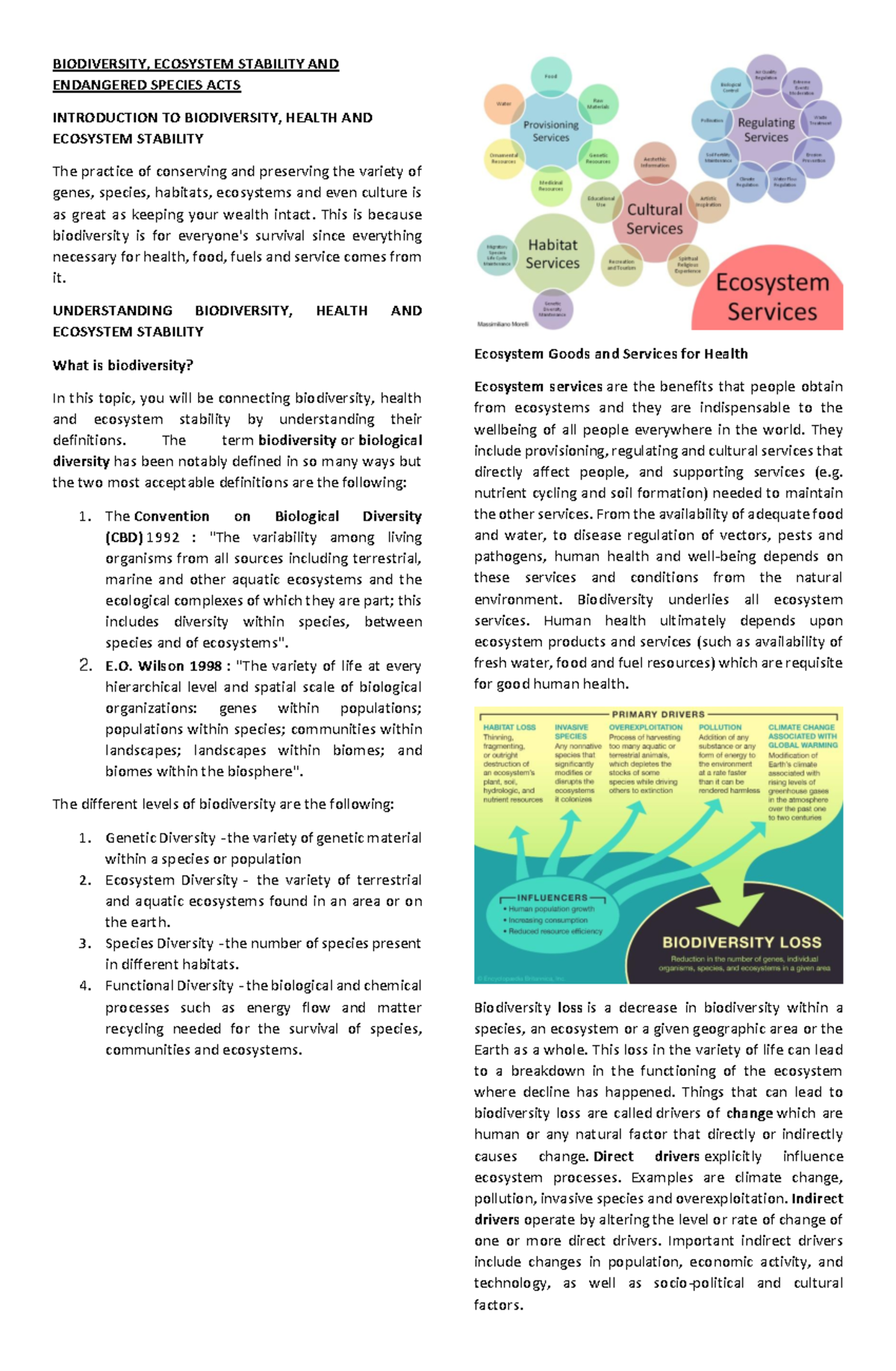 Biodiversity Ecosystem Stability AND Endangered Species ACT Notes - AB ...