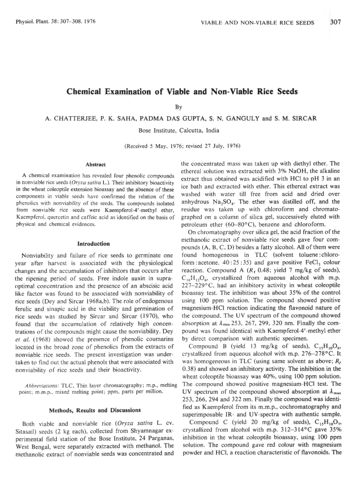Chemical Examination of Viable and Non V - Physiol. Plant. 38: 307-308 ...