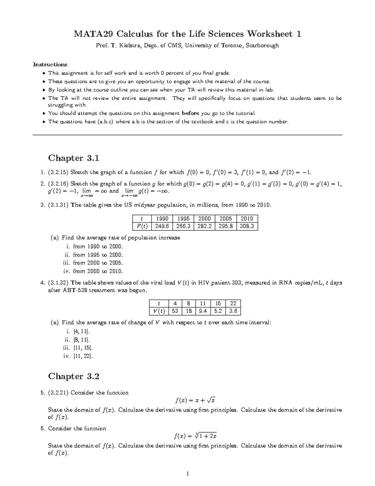 Worksheet 3 - MATA29 Calculus for the Life Sciences Worksheet 1 Prof. T ...