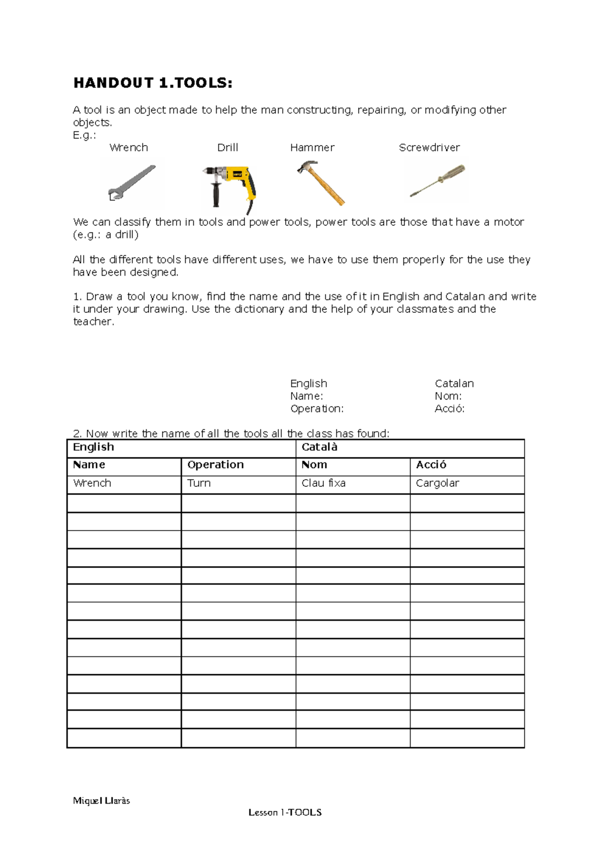 Tools Material - DDA - Miquel Llaràs Lesson 1-TOOLS HANDOUT 1: A tool ...