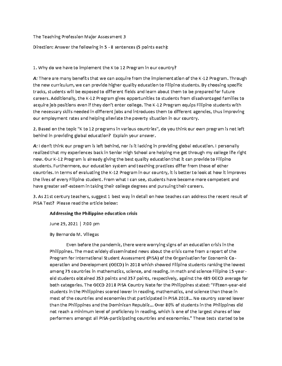 The Teaching Profession Major Assessment 3 - Through the new curriculum ...