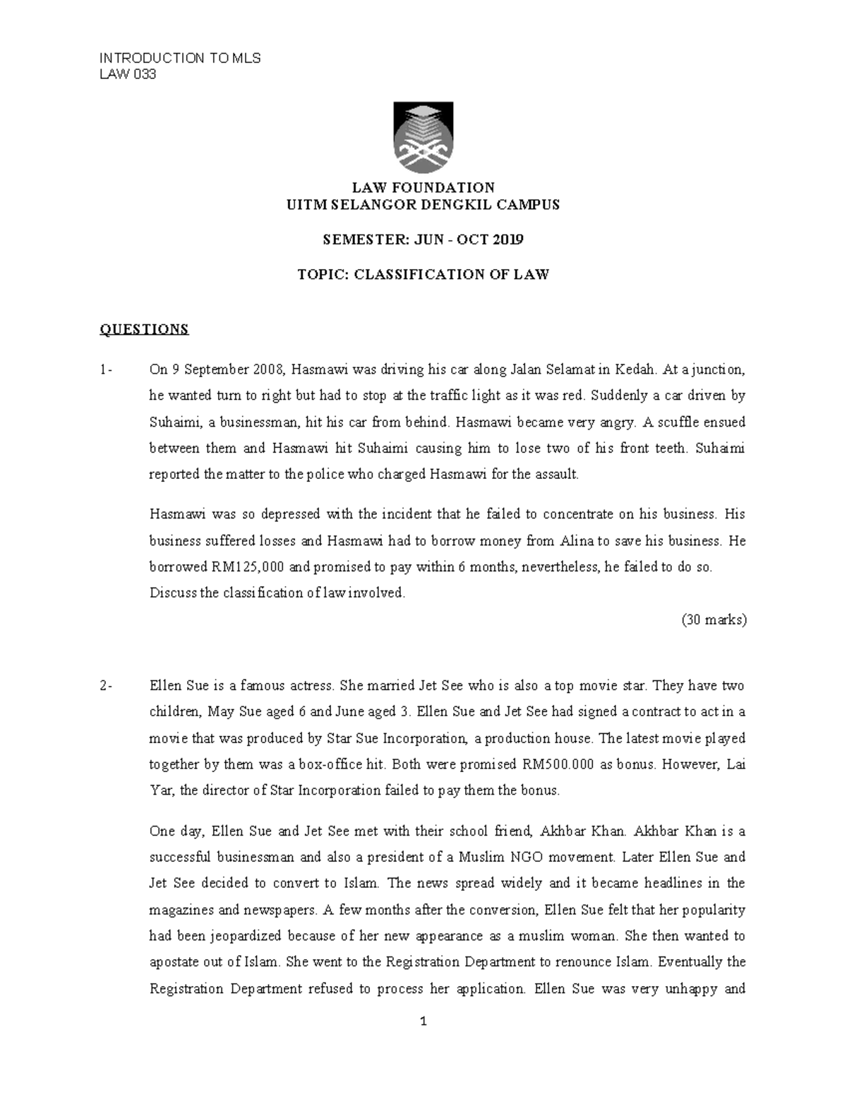 Tutorial 4 Classifications OF LAW - INTRODUCTION TO MLS LAW 033 LAW ...