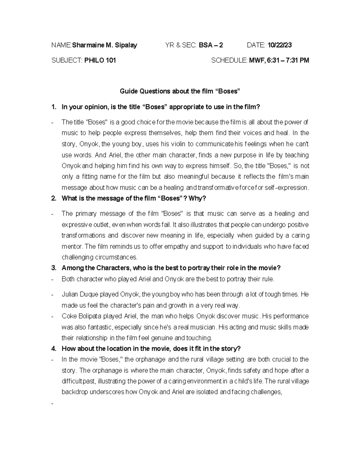 Philo-Boses-guide-questions - NAME:Sharmaine M. Sipalay YR & SEC: BSA ...