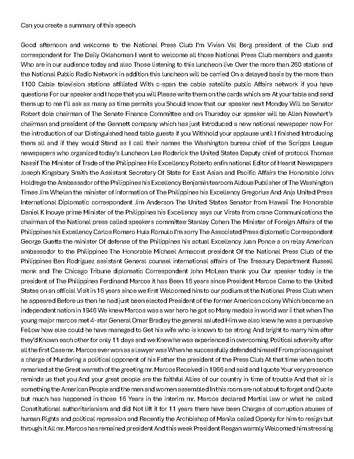 Transcript of Speech - Can you create a summary of this speech Good ...