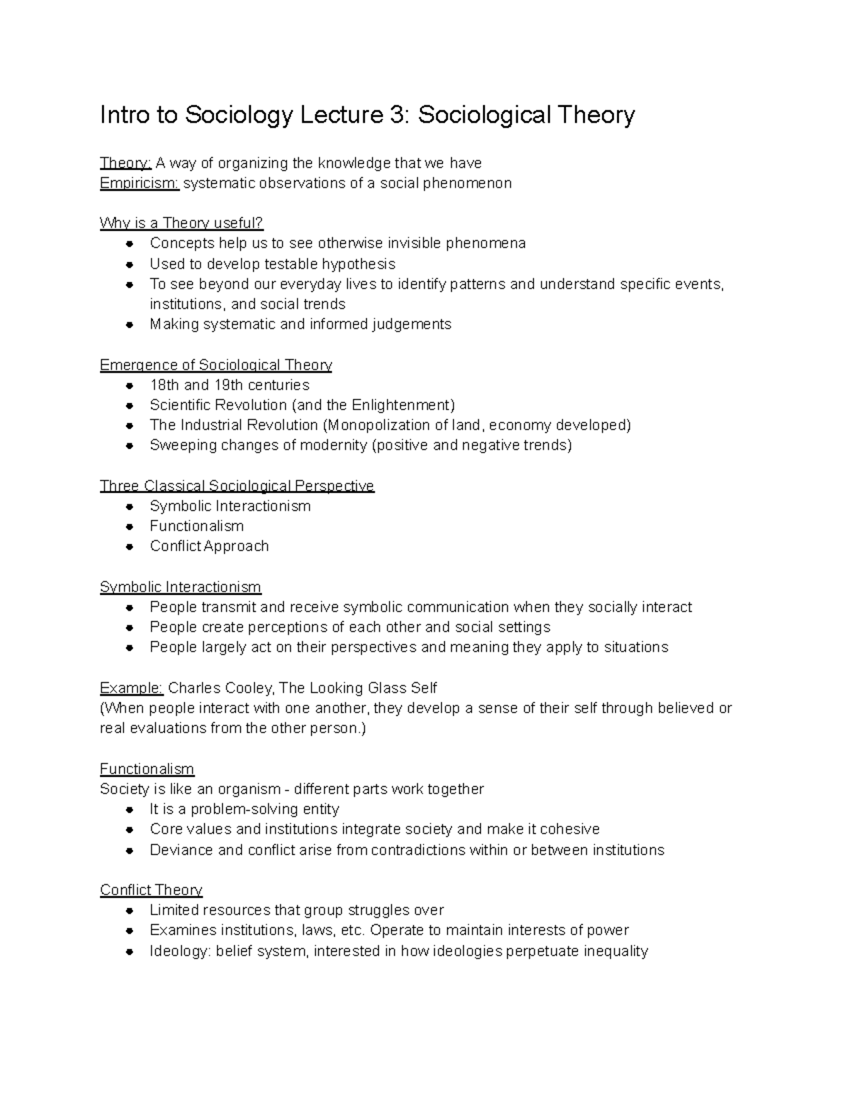 Intro to Sociology Lecture 3 Sociological Theory - ) Functionalism Society is like an organism ...