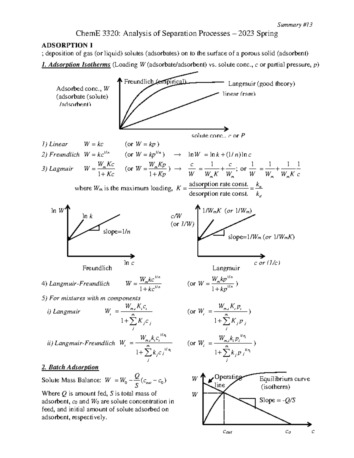 Chem E 3320 Summary 13 - Adsoprtion 1 - Summary # ChemE 3320: Analysis of Separation Processes ...
