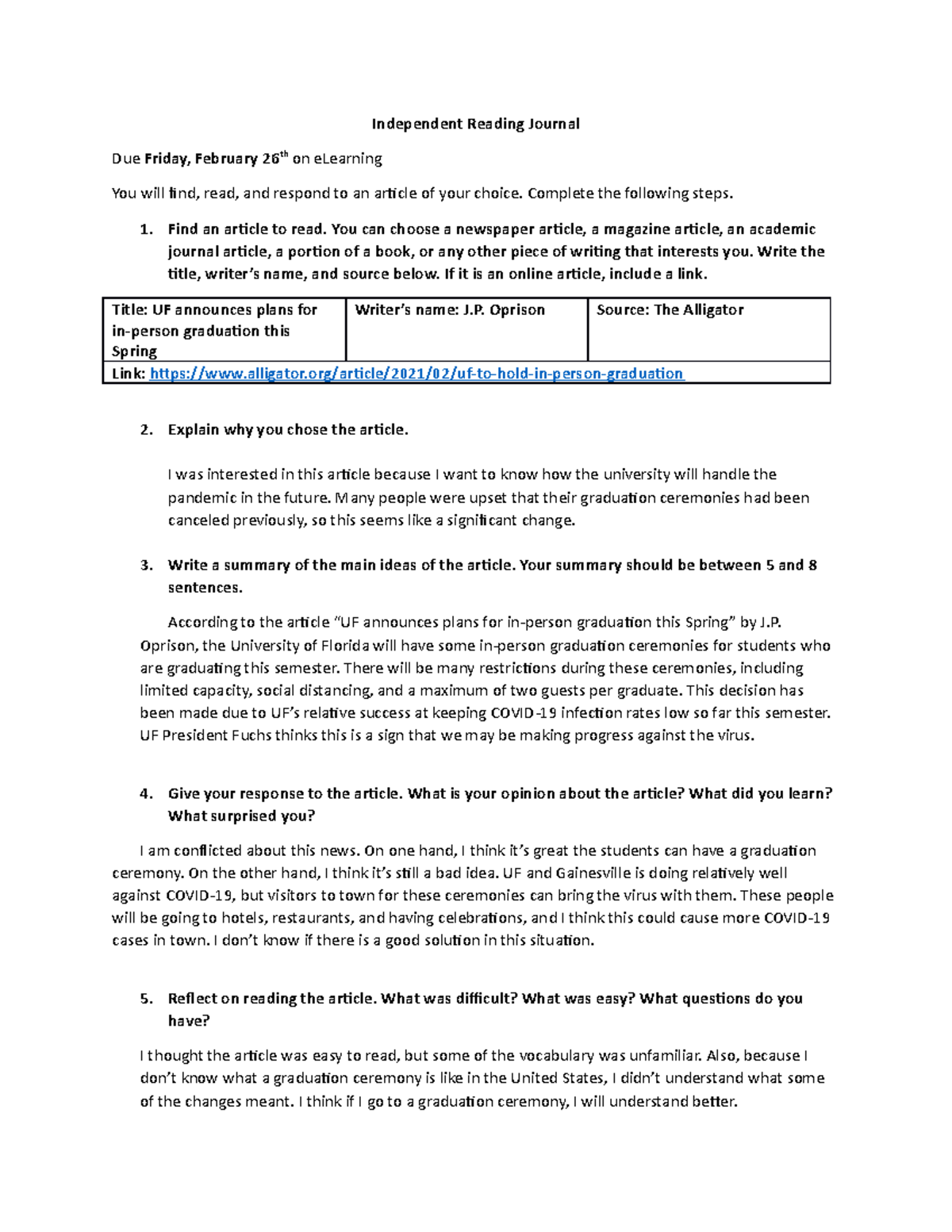 Independent Reading Journal - Sample - Independent Reading Journal Due ...