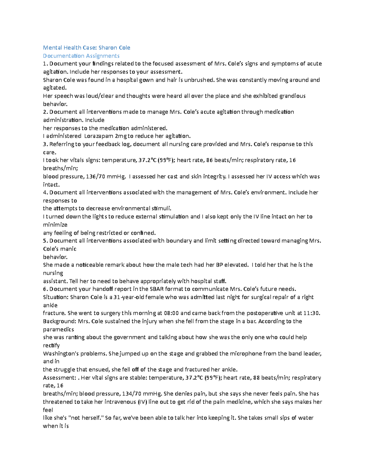 Cole vsim paperwork - Mental Health Case: Sharon Cole Documentation ...