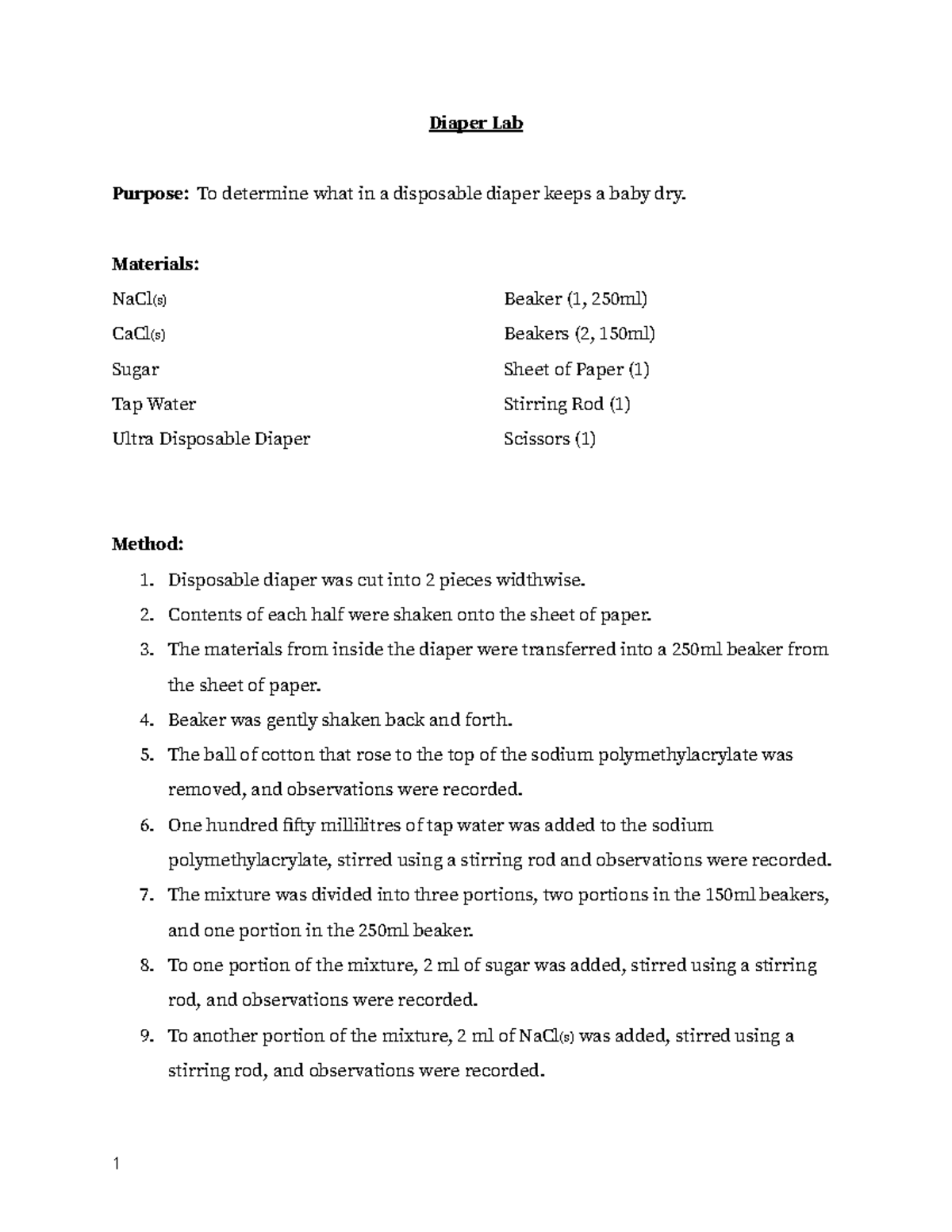 Diaper Lab Report - Diaper Lab Purpose: To determine what in a ...