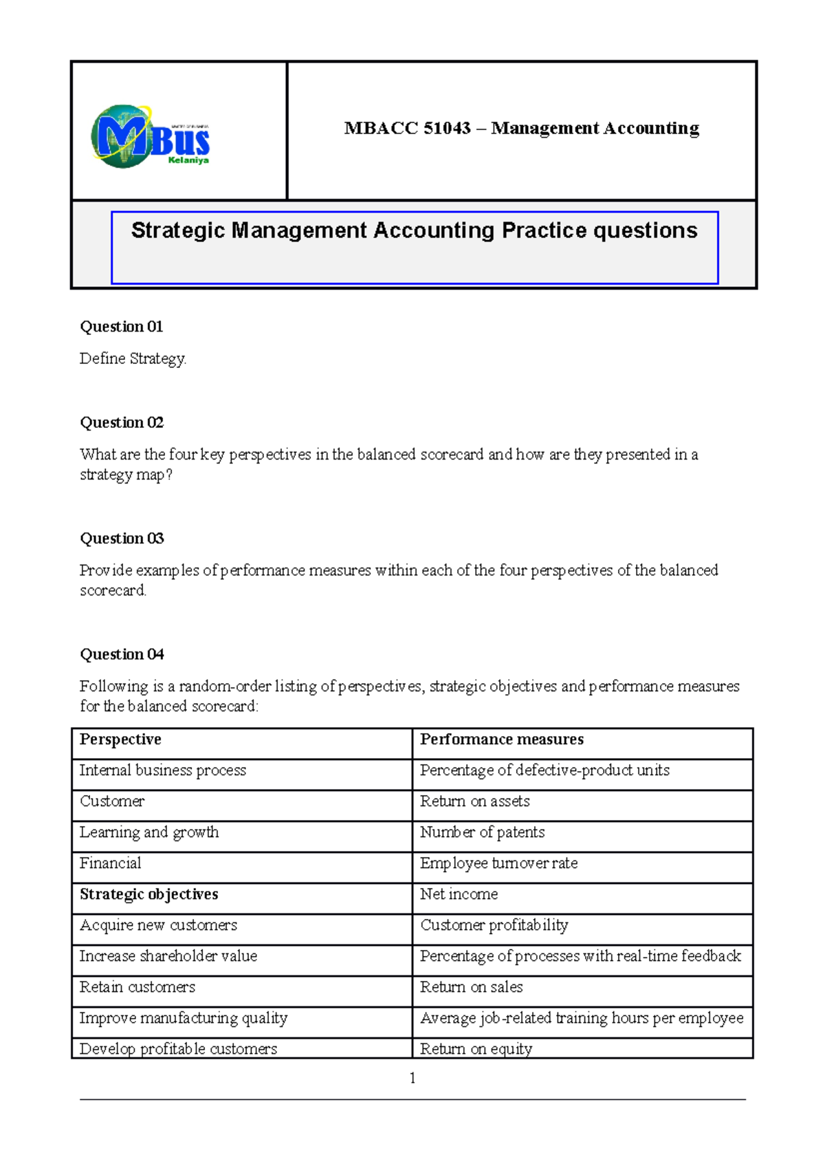Strategic Management Accounting practice questions - MBACC 51043 ...