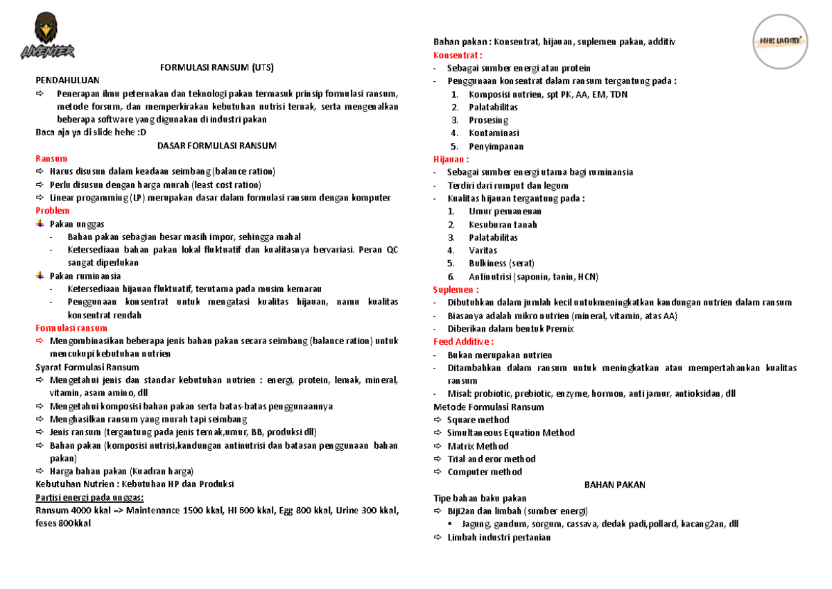 Formulasi Ransum UTS - Catatan kuliah - FORMULASI RANSUM (UTS) PENDAHULUAN Penerapan ilmu - Studocu