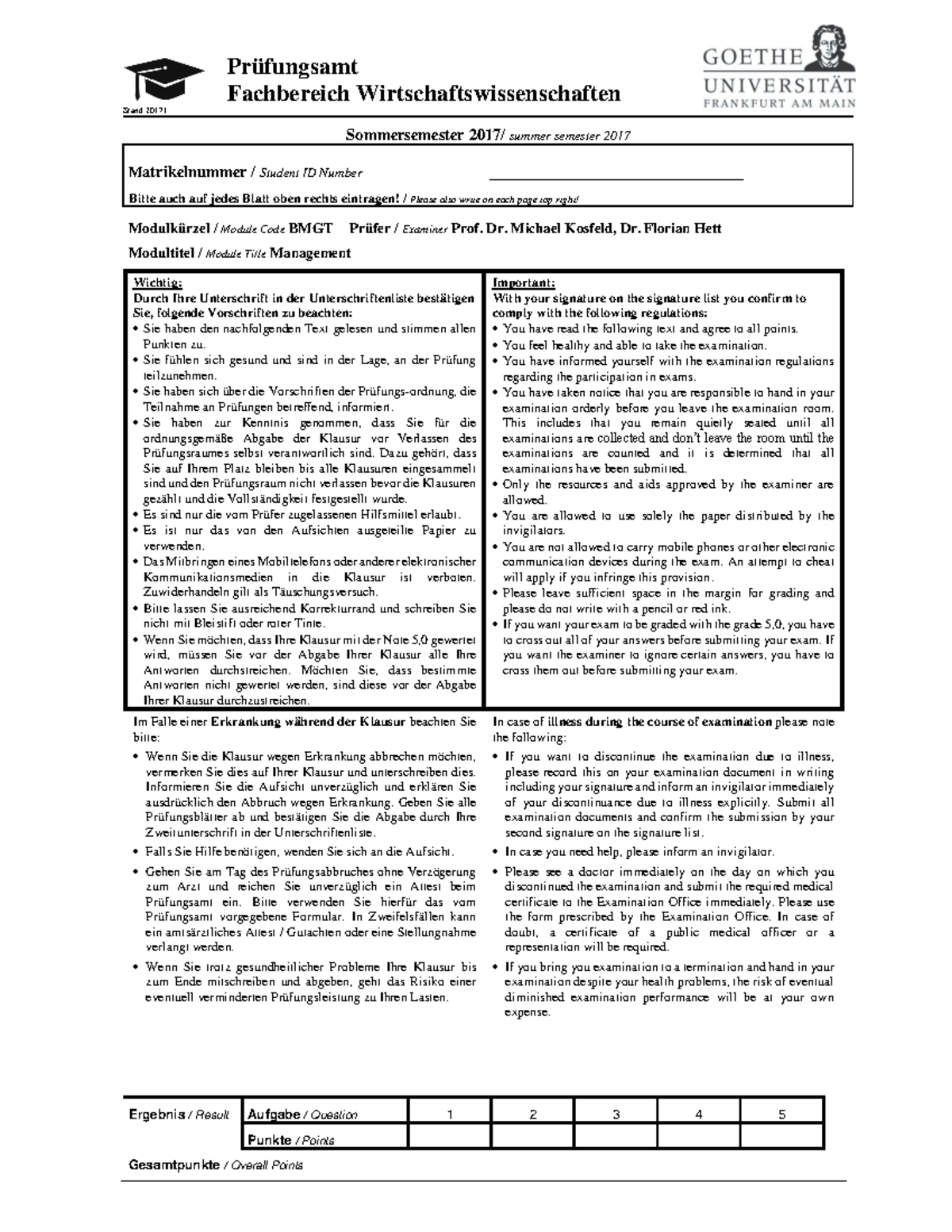 Klausur Sommersemester 2017, Fragen und Antworten - Prüfungsamt Fachbereich - Studocu