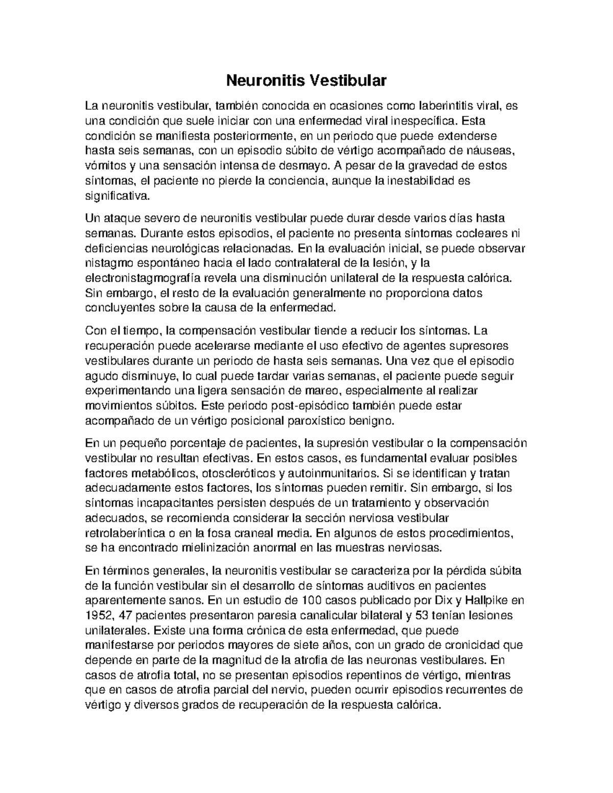 TEMA 8 -Neurinitis Vestibular - Neuronitis Vestibular La neuronitis ...