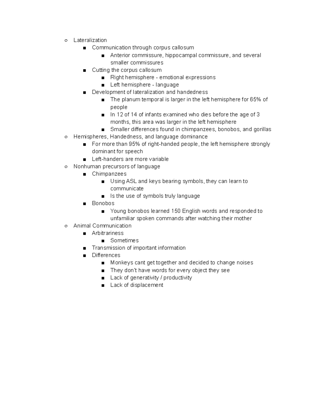 Cognitive Functions I - notes - Lateralization Communication through ...