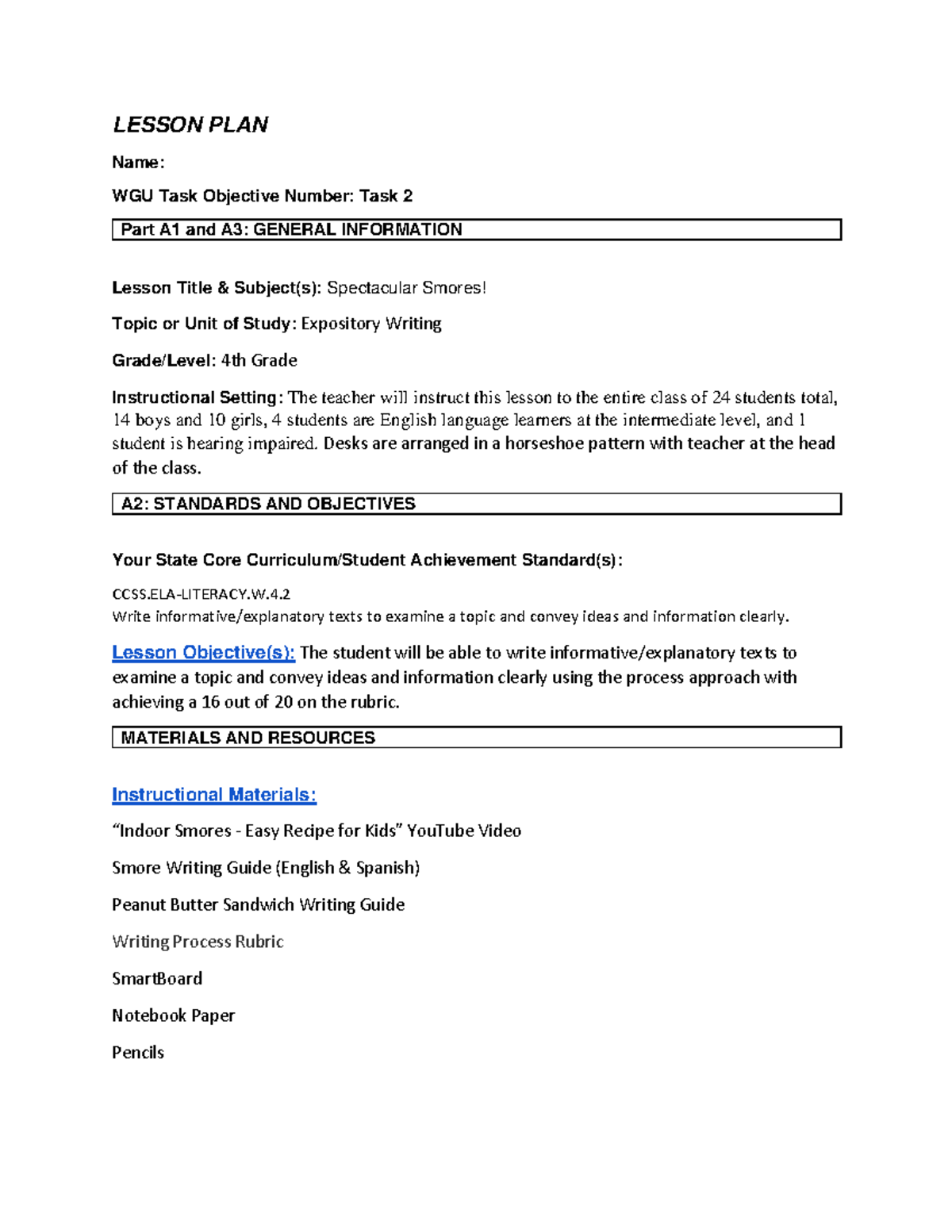 C365 Task 2 Language Arts - LESSON PLAN Name: WGU Task Objective Number: Task 2 Part A1 and A3 ...