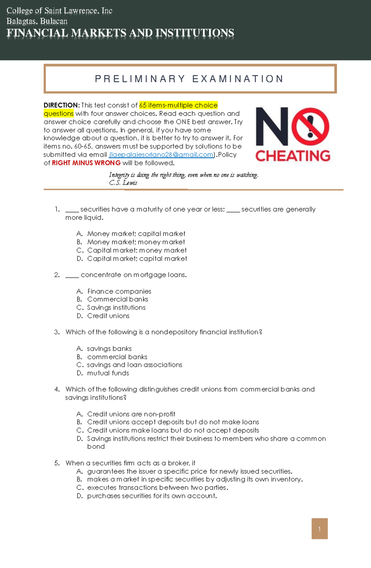 AE18- Preliminary EXAM Questionnaire - DIRECTION: This test consist of ...