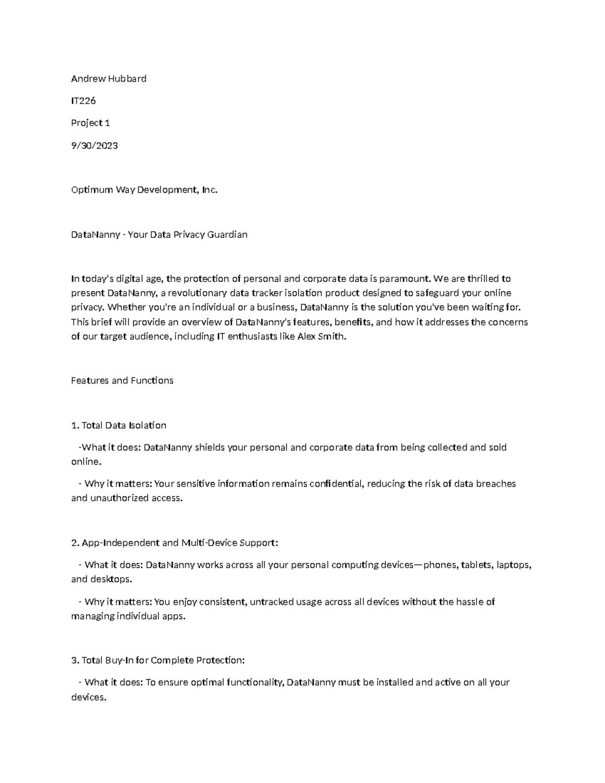 Andrew Hubbard - idk - Andrew Hubbard IT Project 1 9/30/ Optimum Way ...