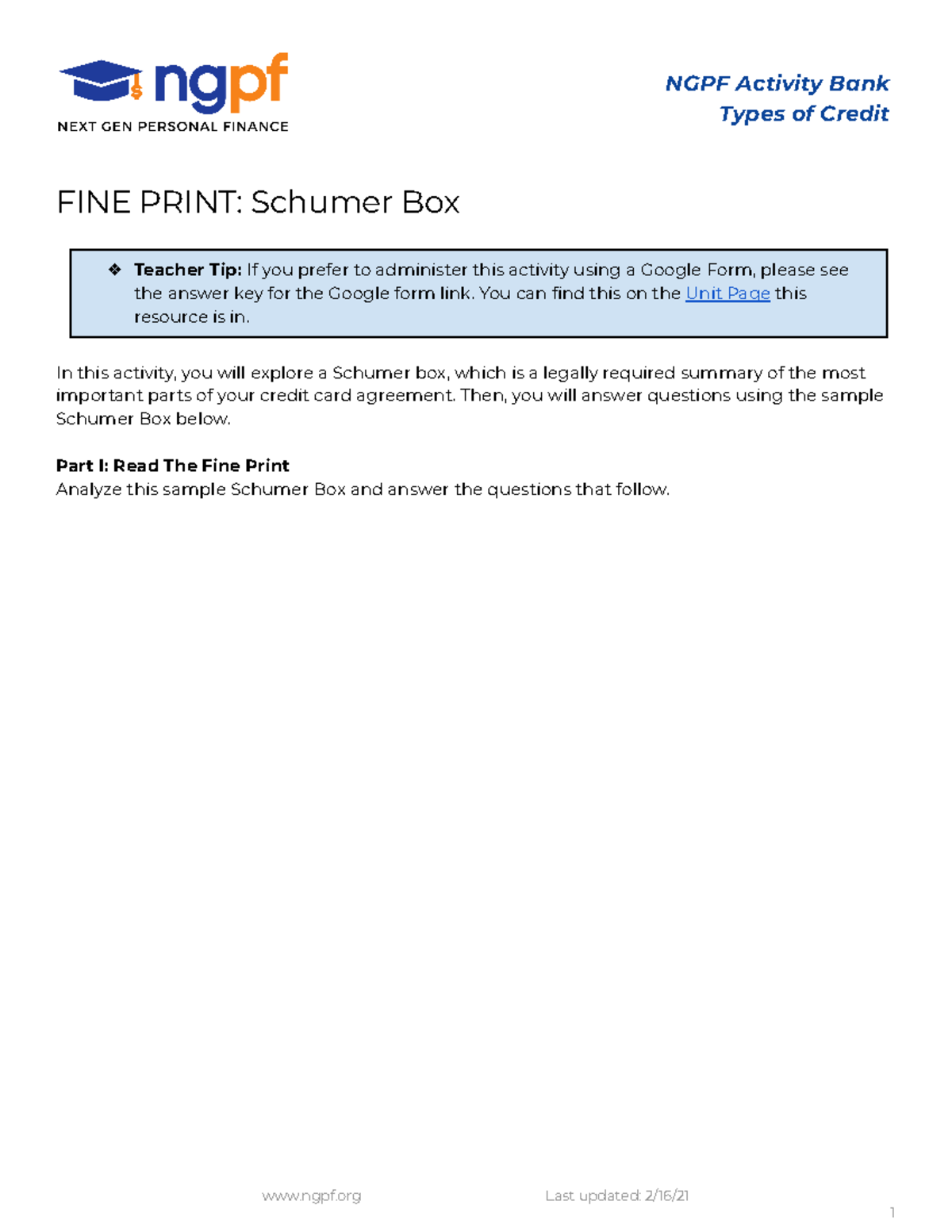 Amore' Vasko - FINE Print Schumer Box - NGPF Activity Bank Types of ...