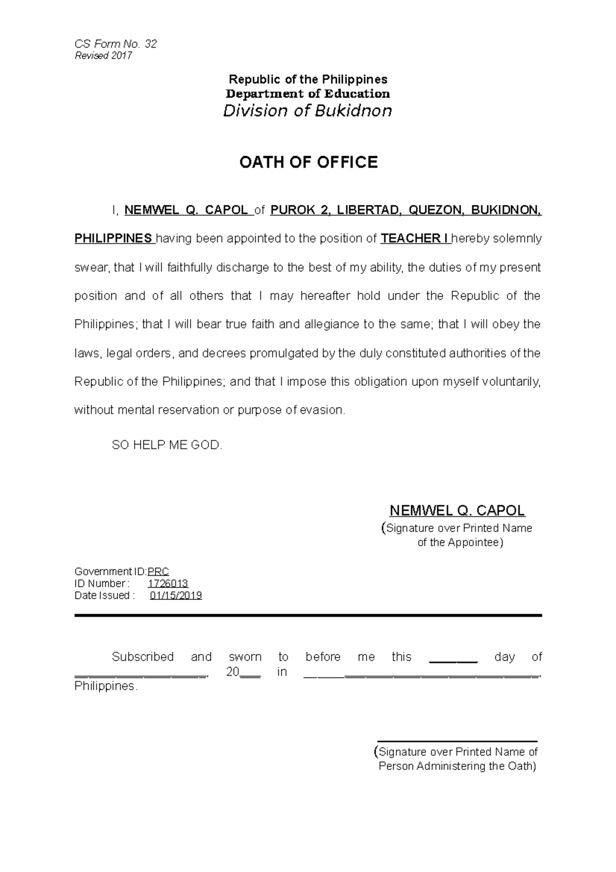 CS Form No 32 Rev2018-Oath of Office - English - Studocu