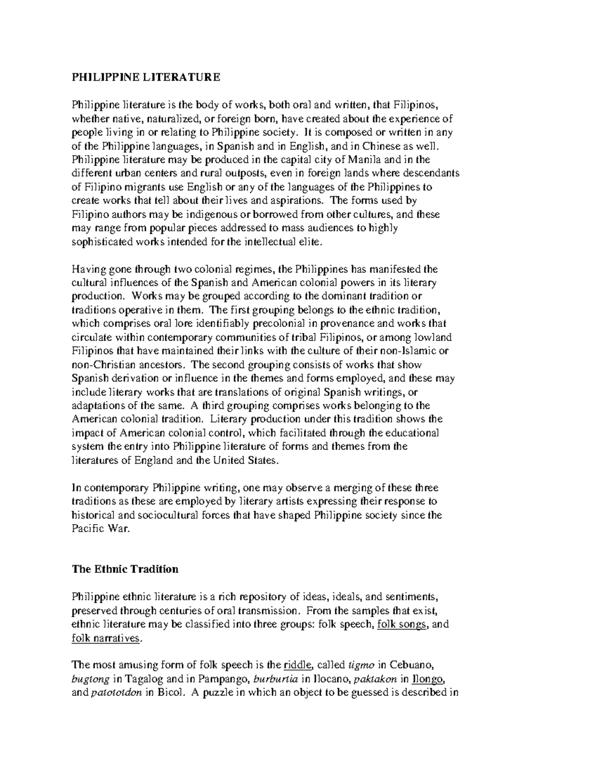 Philippine Literature - PHILIPPINE LITERATURE Philippine literature is ...