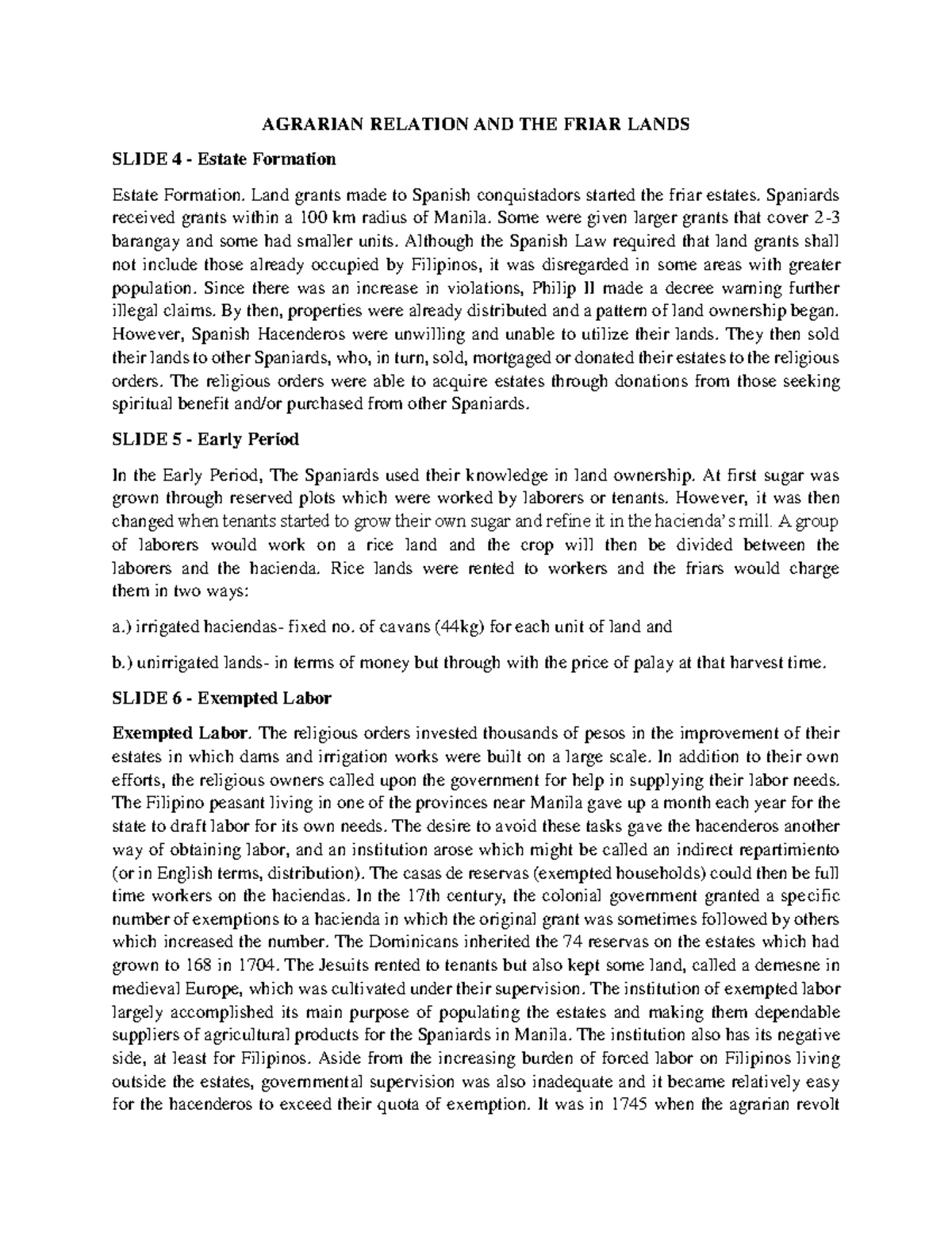 Agrarian Relations AND THE Friar LAND Notes - AGRARIAN RELATION AND THE ...
