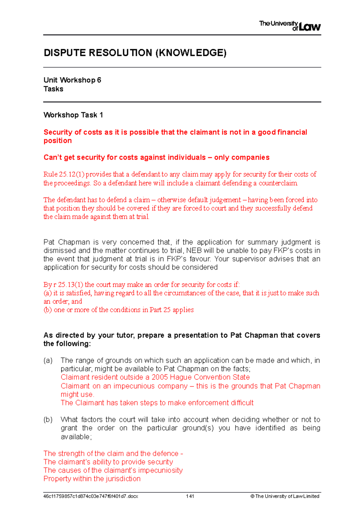 Dispute Resolution workshop 6 Tasks - DISPUTE RESOLUTION (KNOWLEDGE ...