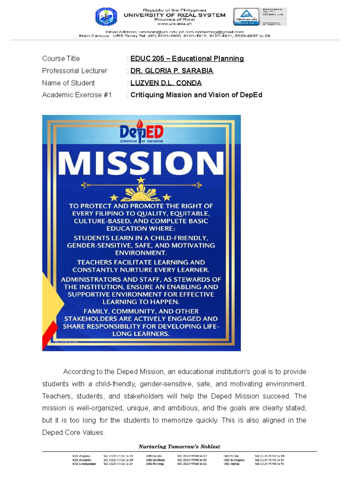 Academic Exercise - Course Title : EDUC 205 – Educational Planning ...