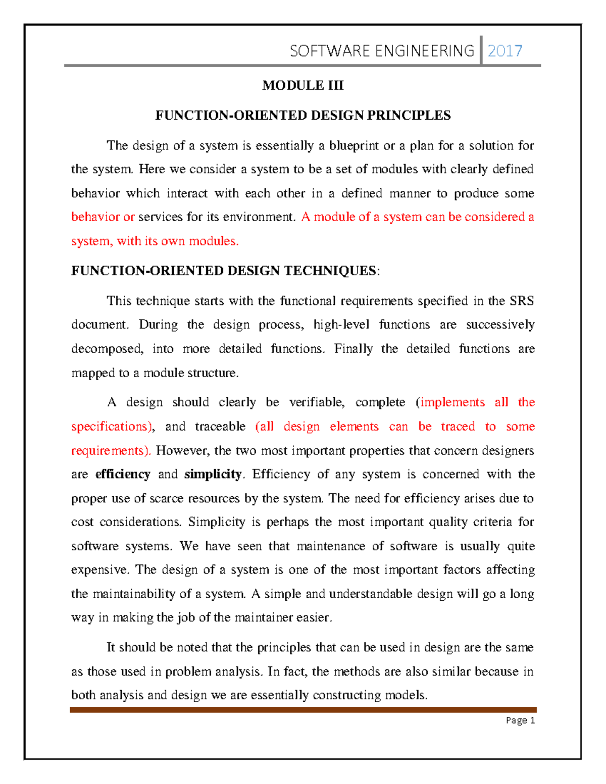 Se notes - MODULE III FUNCTION-ORIENTED DESIGN PRINCIPLES The design of ...