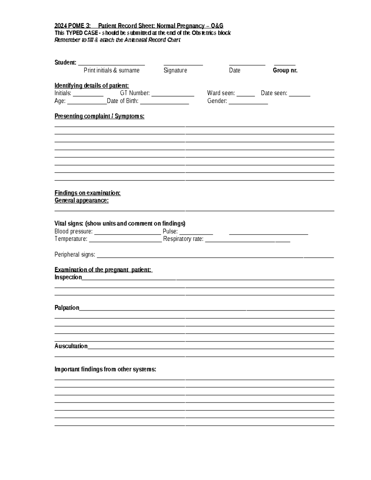Obstetrics Block Case templates - 2024 POME 3: Patient Record Sheet ...