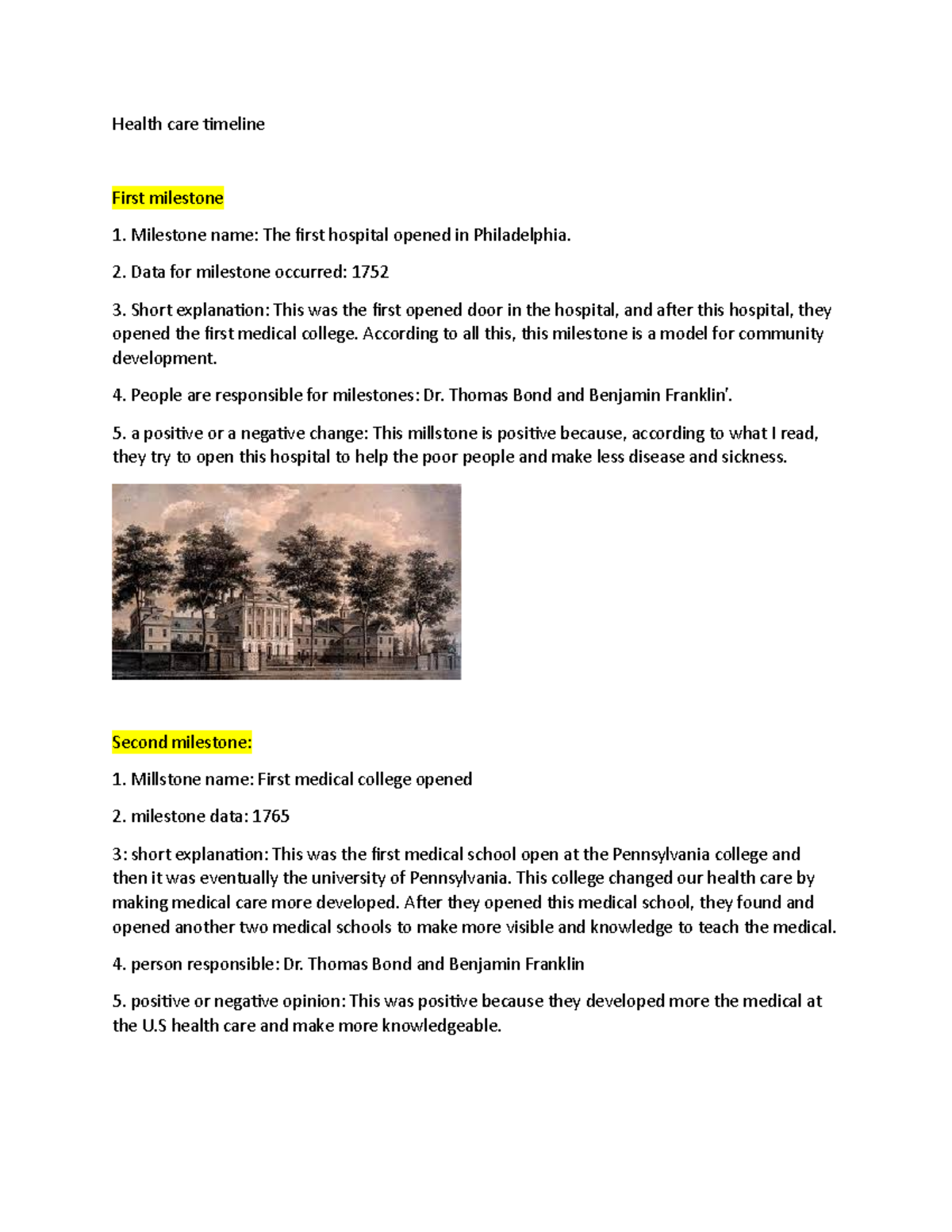 Second assessment - Health care timeline First milestone Milestone name ...