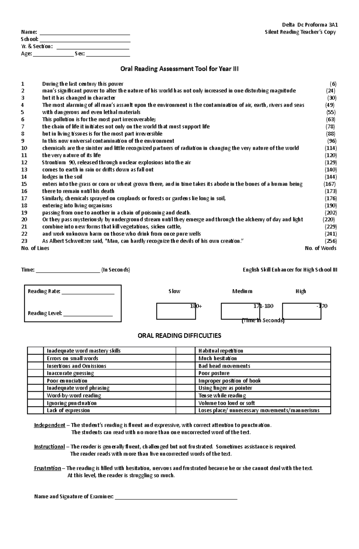 ORAL Reading Assessment TOOL G9 - Delta Dc Proforma 3A Name