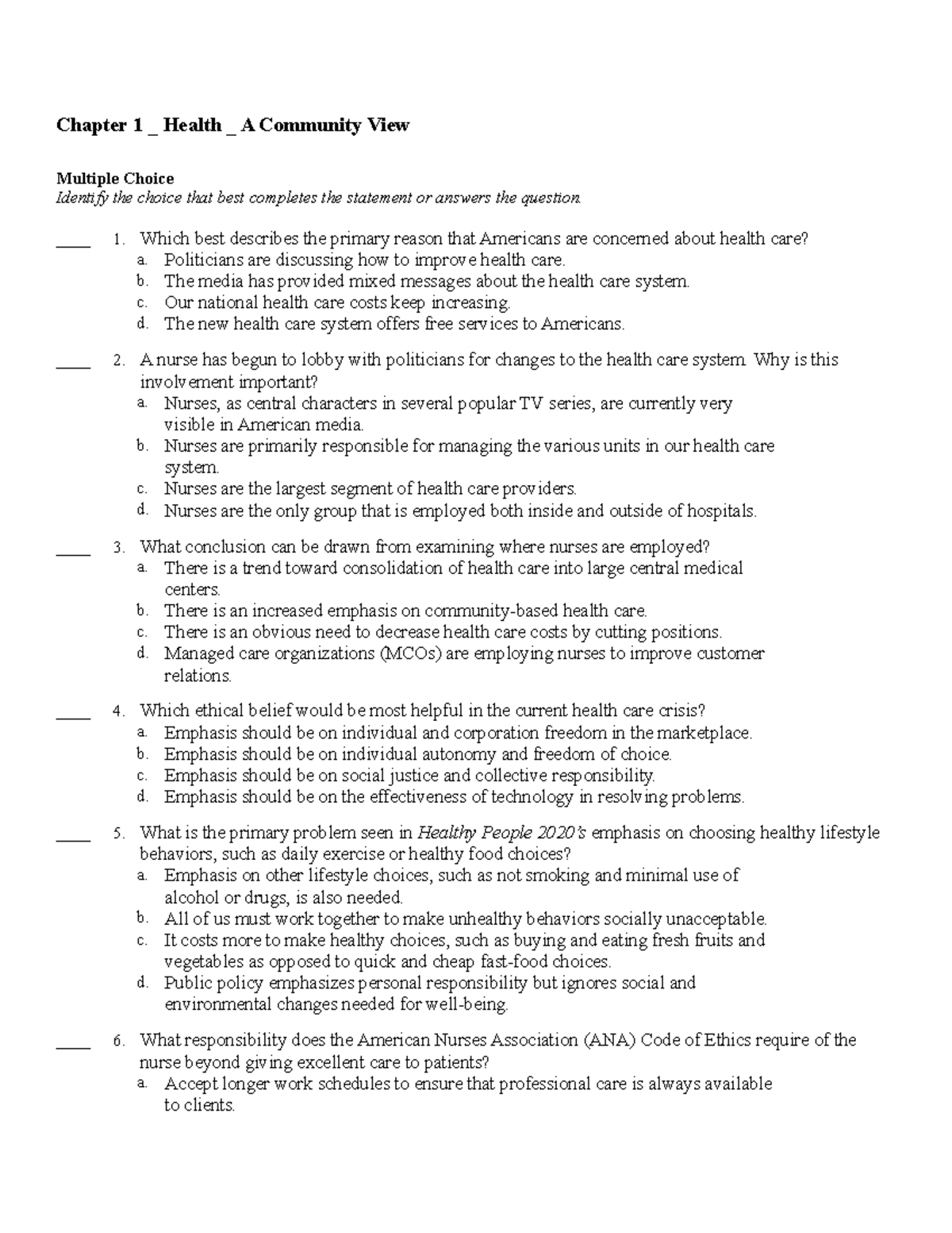 Chapter 1 Health A Community View - Chapter 1 _ Health _ A Community ...