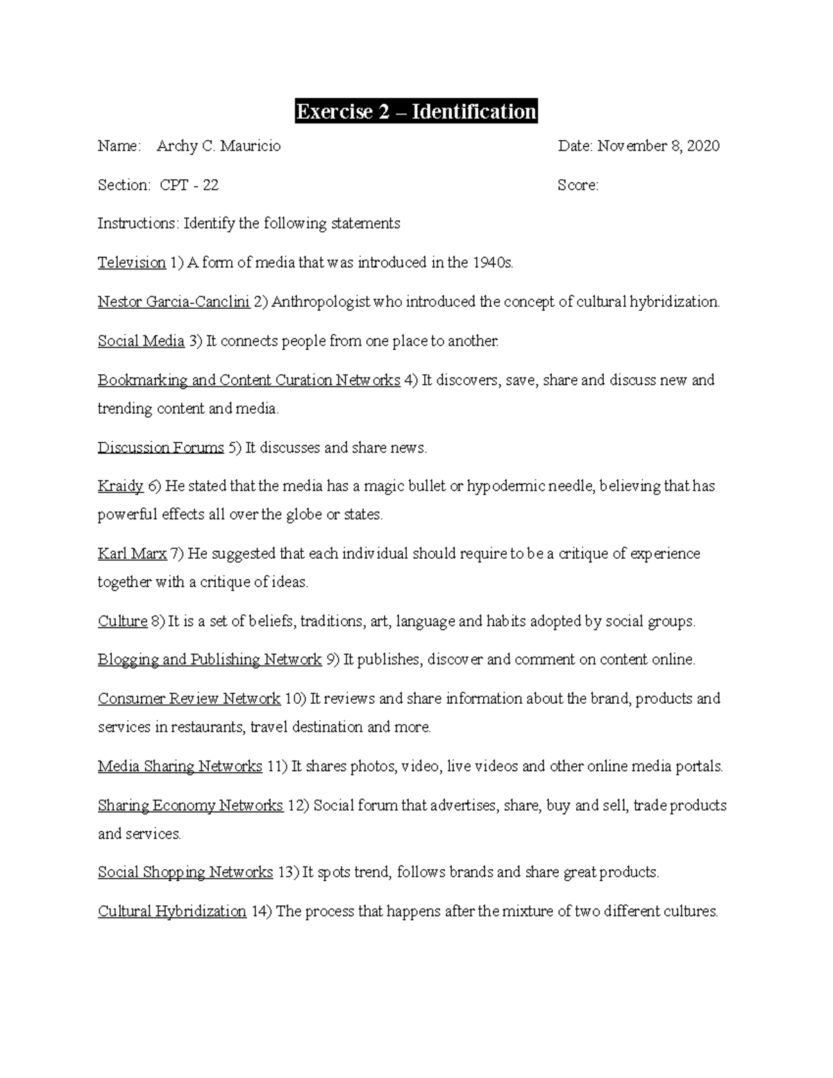 Exercise 2 Module 4 Section 1 Identification - Exercise 2 ...