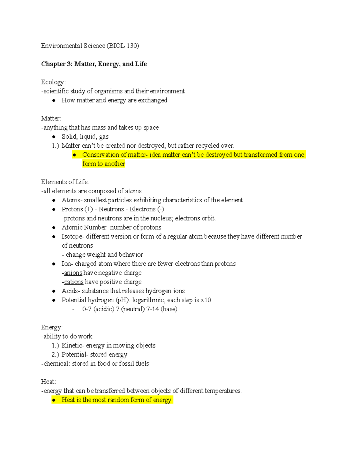 ES Chapter 3 - Lecture notes 3 - Environmental Science (BIOL 130 ...