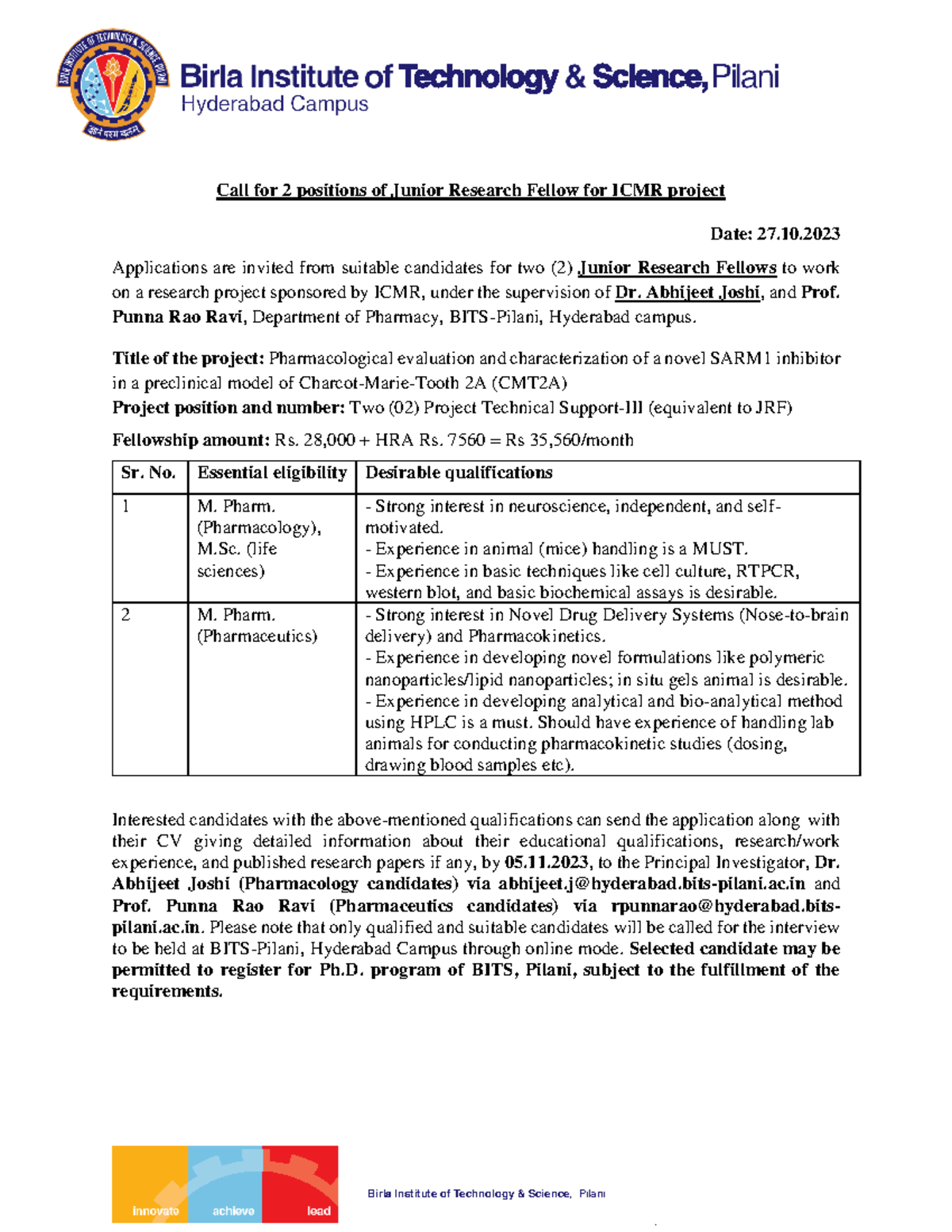 JRF positions - Jrf position - Call for 2 positions of Junior Research ...