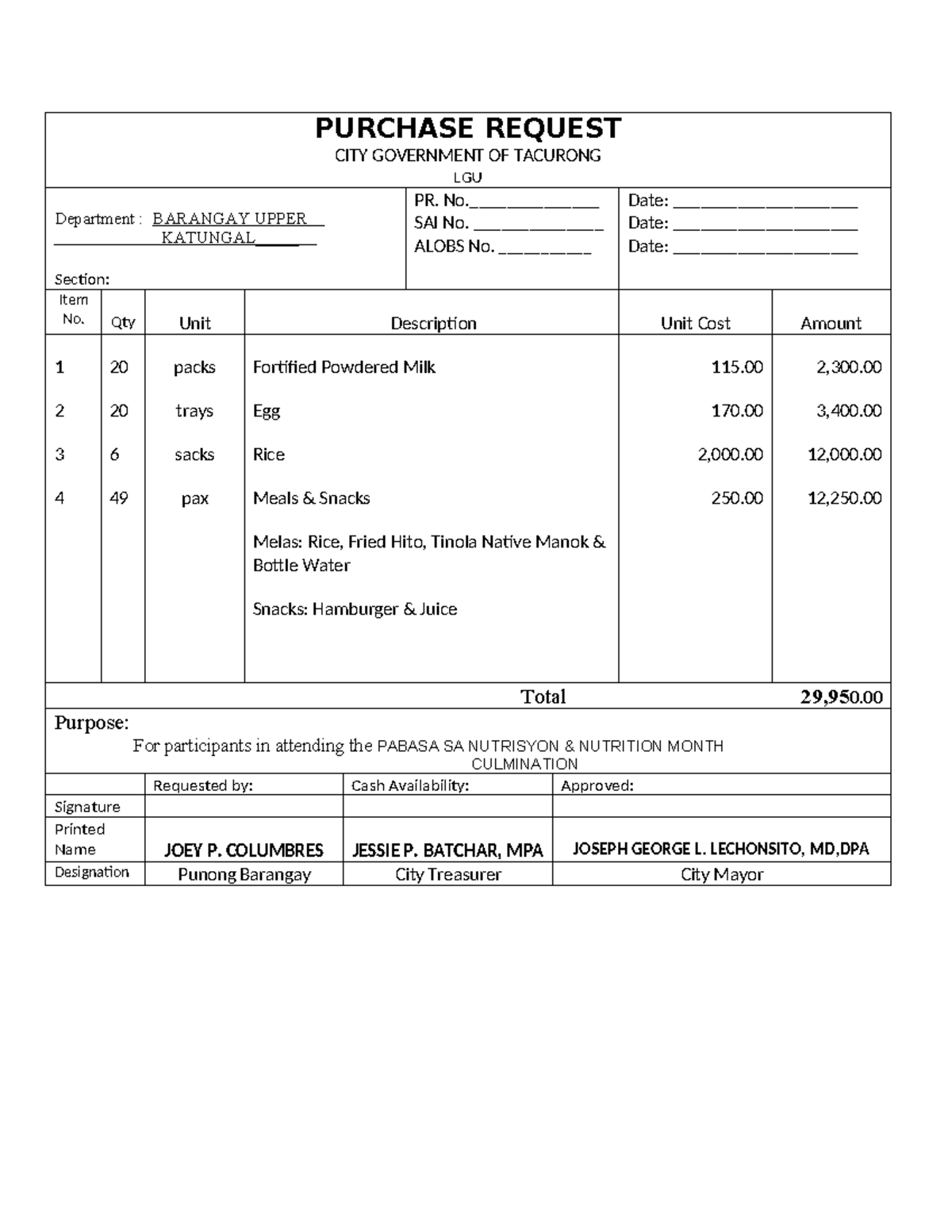 PR-and-OBR - HELLO - PURCHASE REQUEST CITY GOVERNMENT OF TACURONG LGU ...