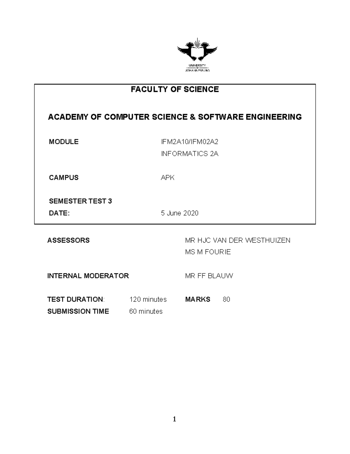 IFM2A10 2020 ST3 SSA - Supplementary test - FACULTY OF SCIENCE ACADEMY ...