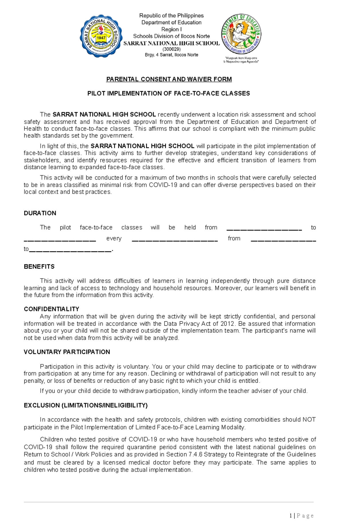 Annex C Parental Consentand Waiver Form F2F Documents 2020/2021 Course PotaisPota - PARENTAL ...