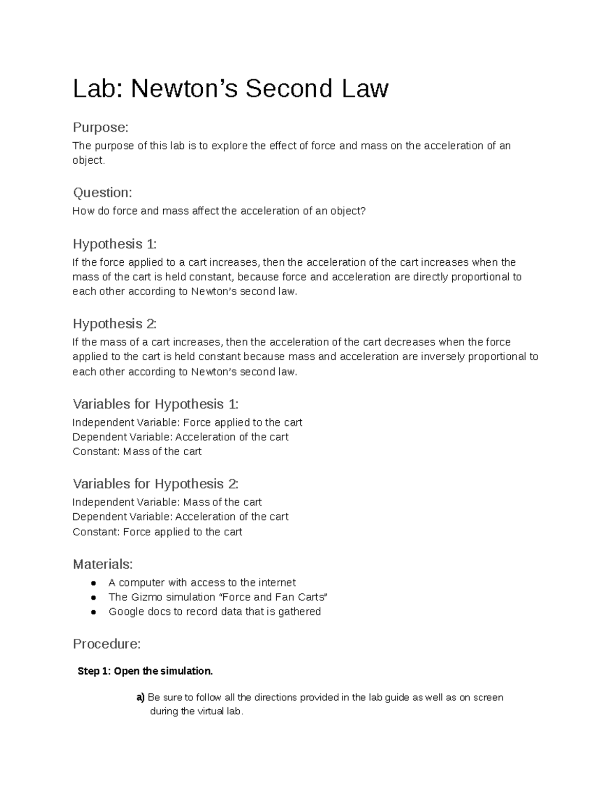 Lab Report Newton s Second Law - Lab: Newton’s Second Law Purpose: The ...