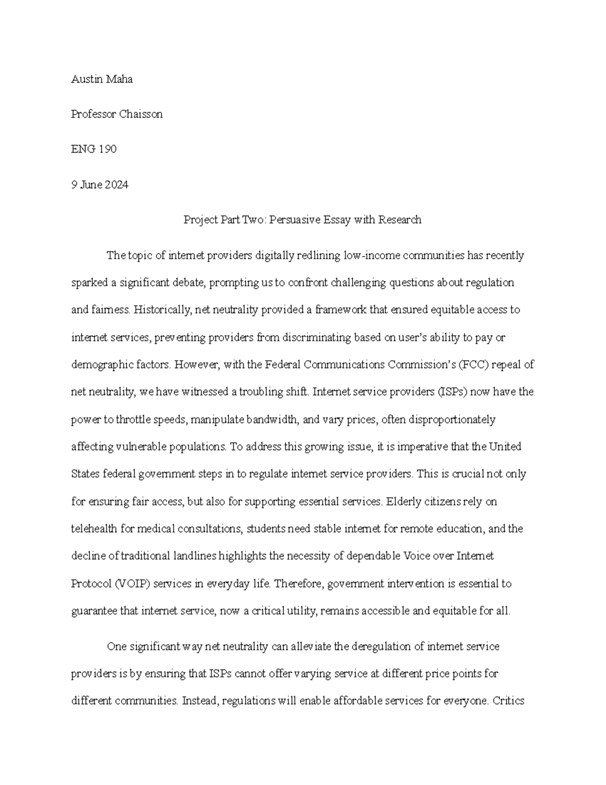 Project Part Two Maha - Austin Maha Professor Chaisson ENG 190 9 June ...