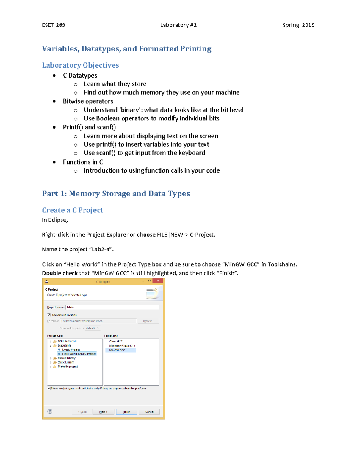 Lab 2 - ESET 269 Laboratory #2 Spring 2019 Variables, Datatypes, and Formatted Printing ...
