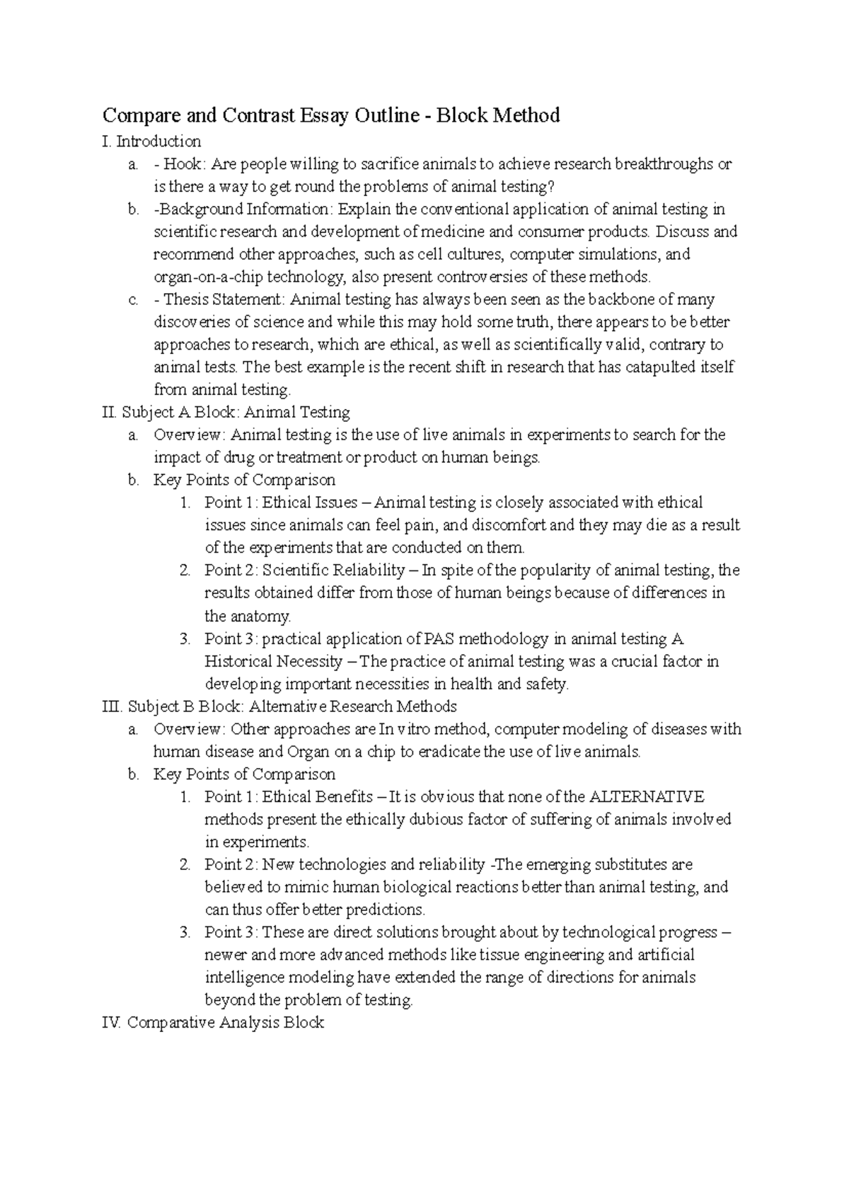 ENGL-1A Paper #2 Outline - Compare and Contrast Essay Outline - Block ...