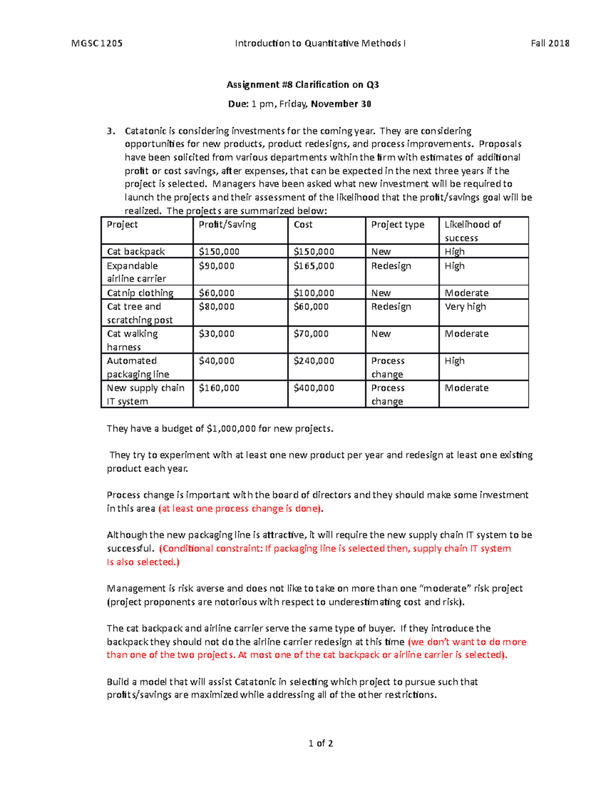 Assignment 8 hints - MGSC 1205 Introduction to Quantitative Methods I Fall 2018 Assignment #8 ...