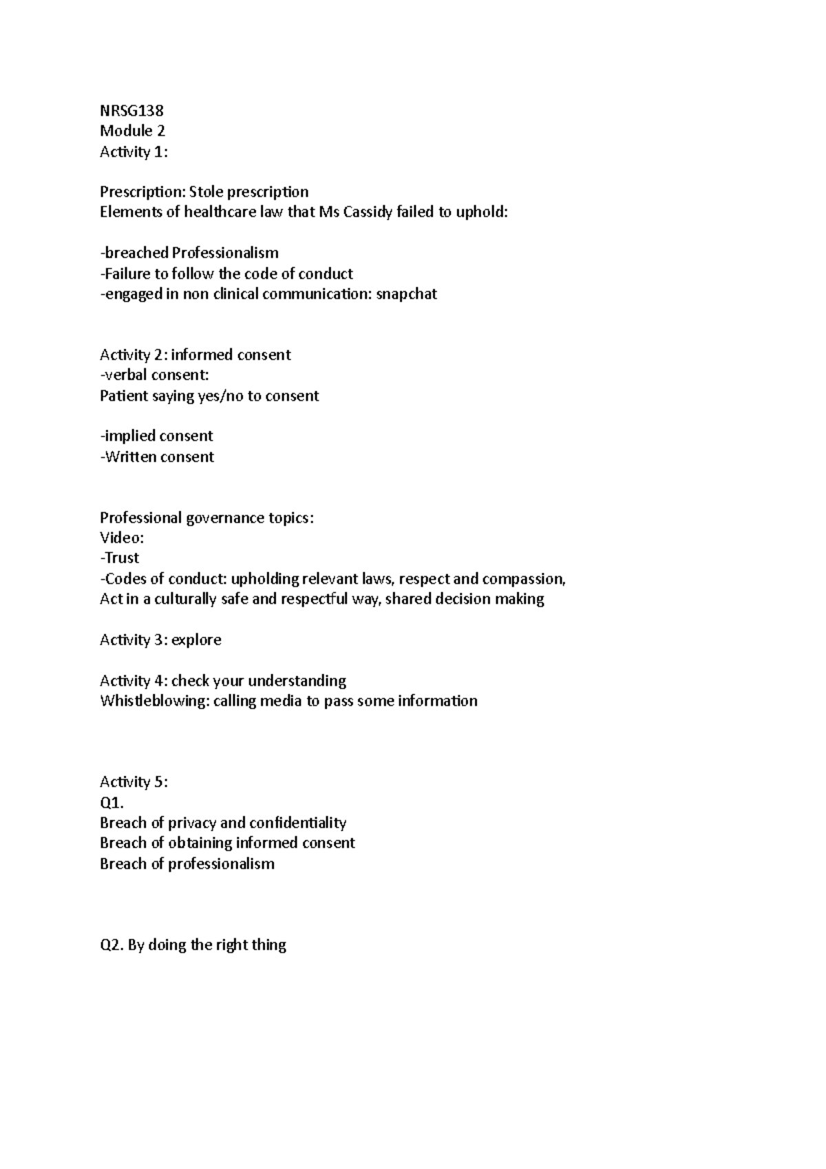 NRSG 138 module 2 activities class - NRSG Module 2 Activity 1: Prescription: Stole prescription ...