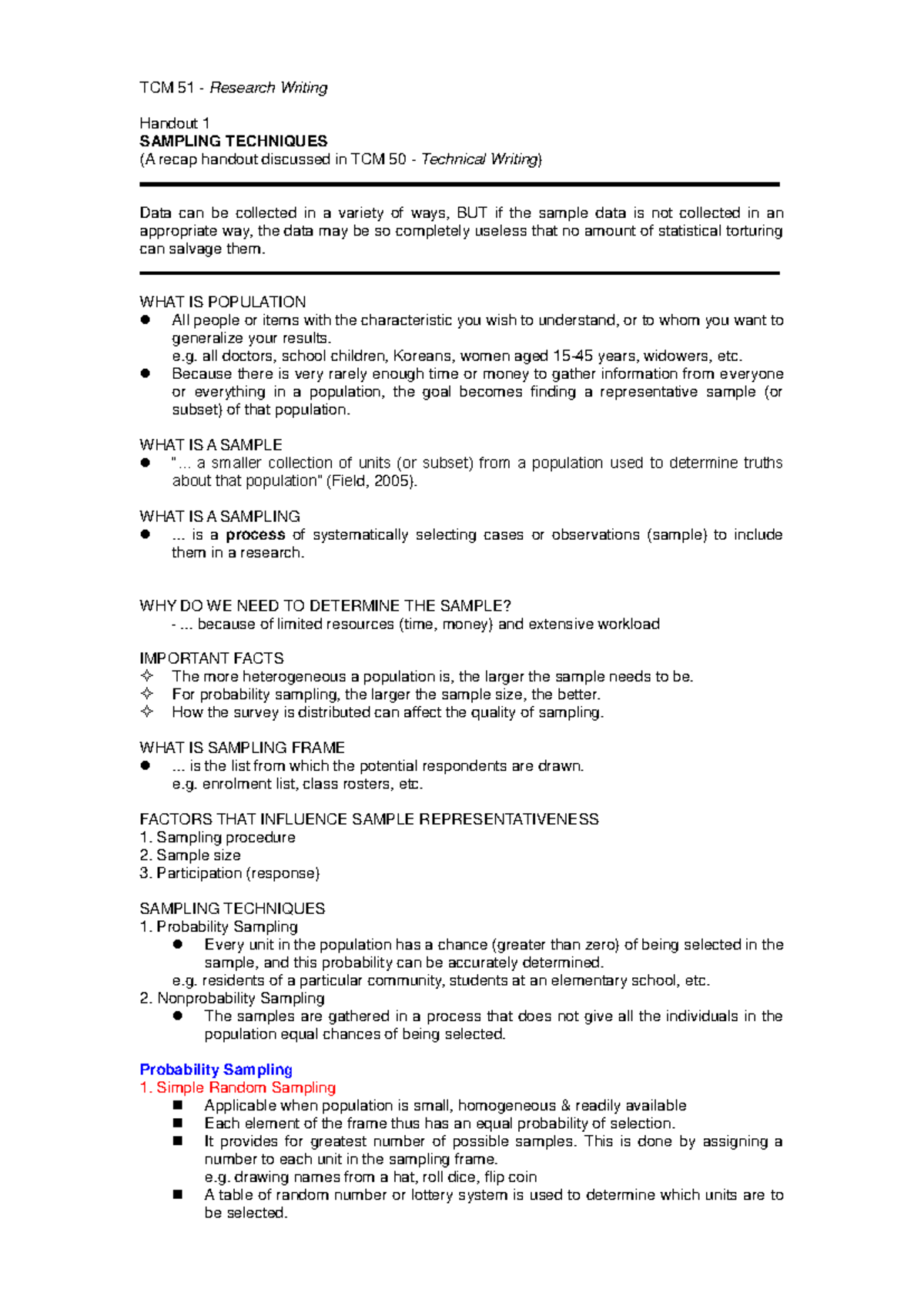 Handout 2 Sampling Techniques - TCM 51 - Research Writing Handout 1 ...