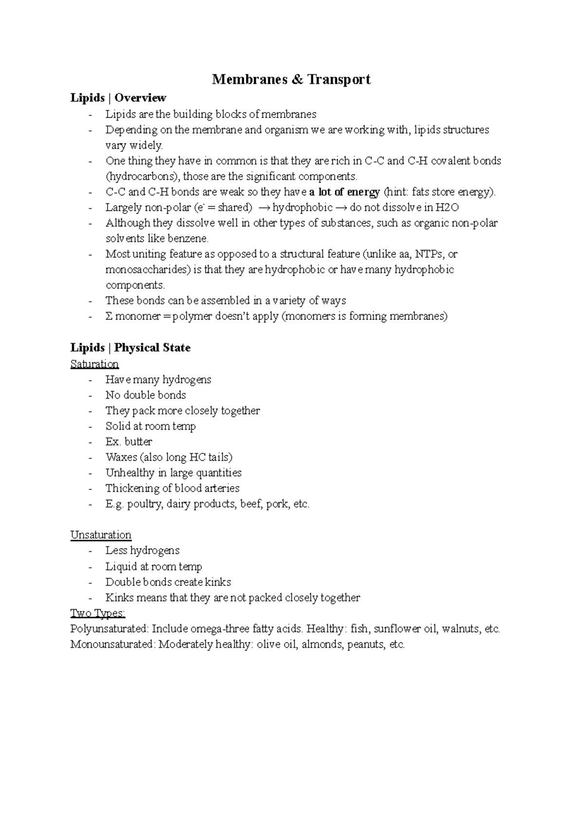Membranes & Transport Notes - Membranes & Transport Lipids | Overview ...